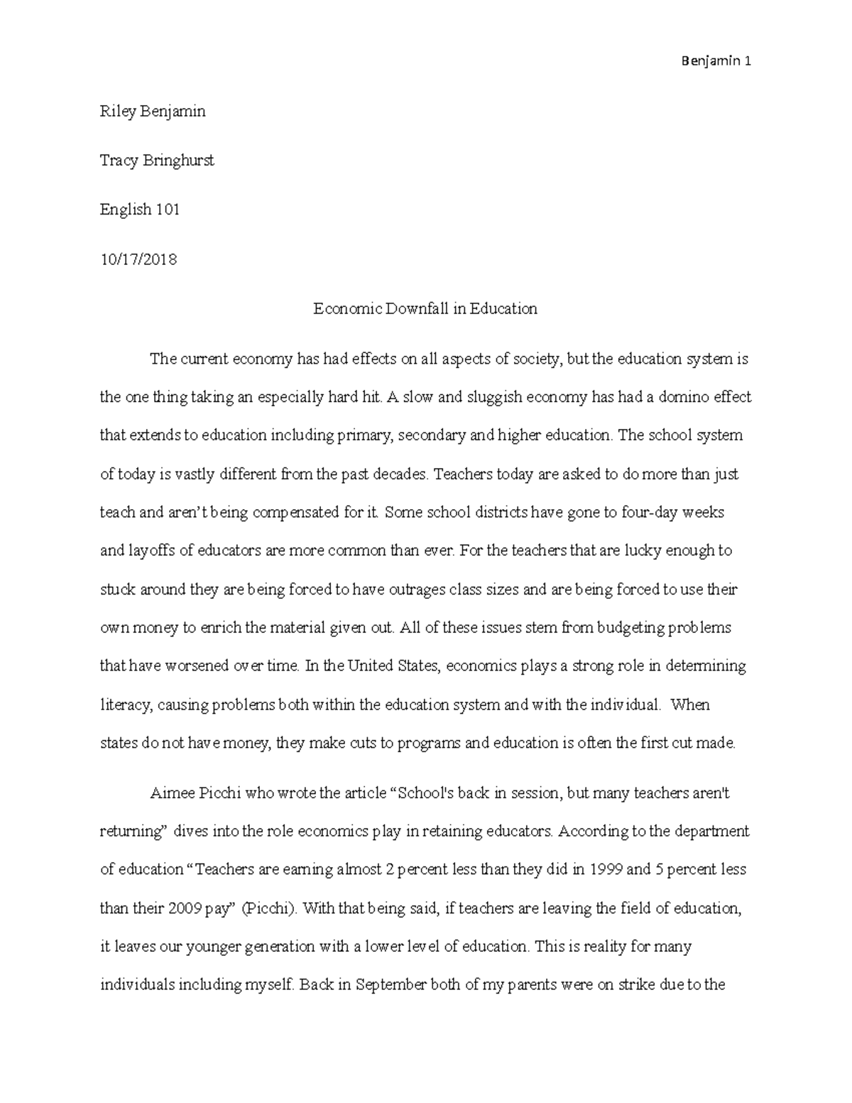 Final essay - Grade: A - Benjamin 1 Riley Benjamin Tracy Bringhurst ...