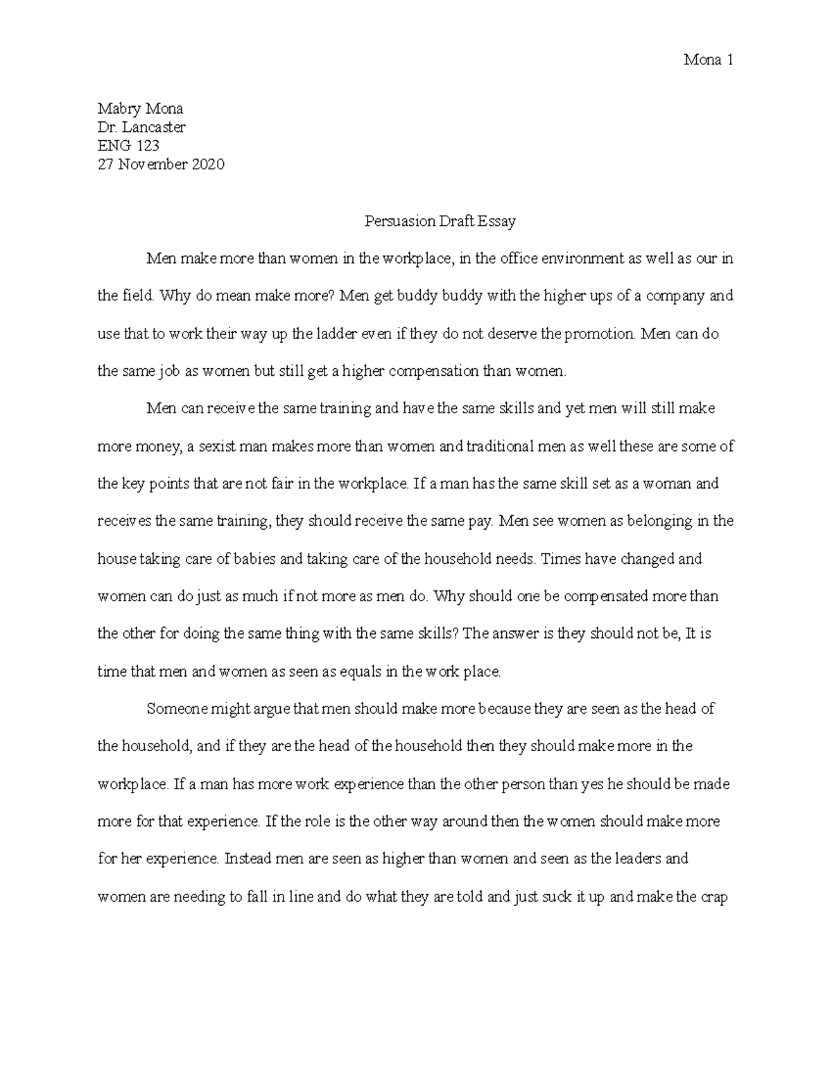 Draft Essay - Mona 1 Mabry Mona Dr. Lancaster ENG 123 27 November 2020 ...