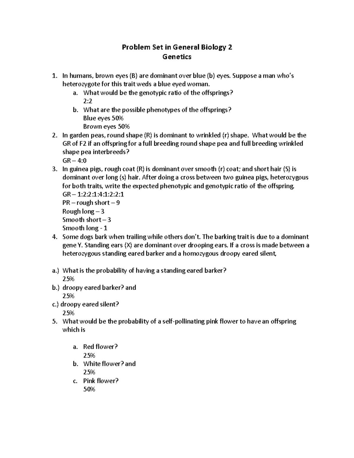 Genetics Problem Set - Worksheet - Problem Set in General Biology 2 ...