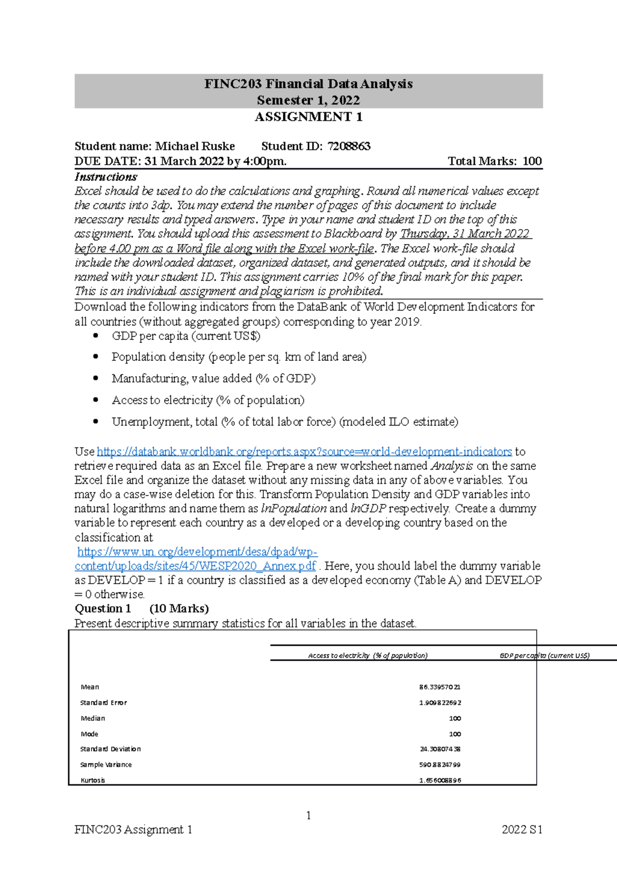 FINC203 Assignment 1 S1 2022 - FINC203 Financial Data Analysis Semester ...