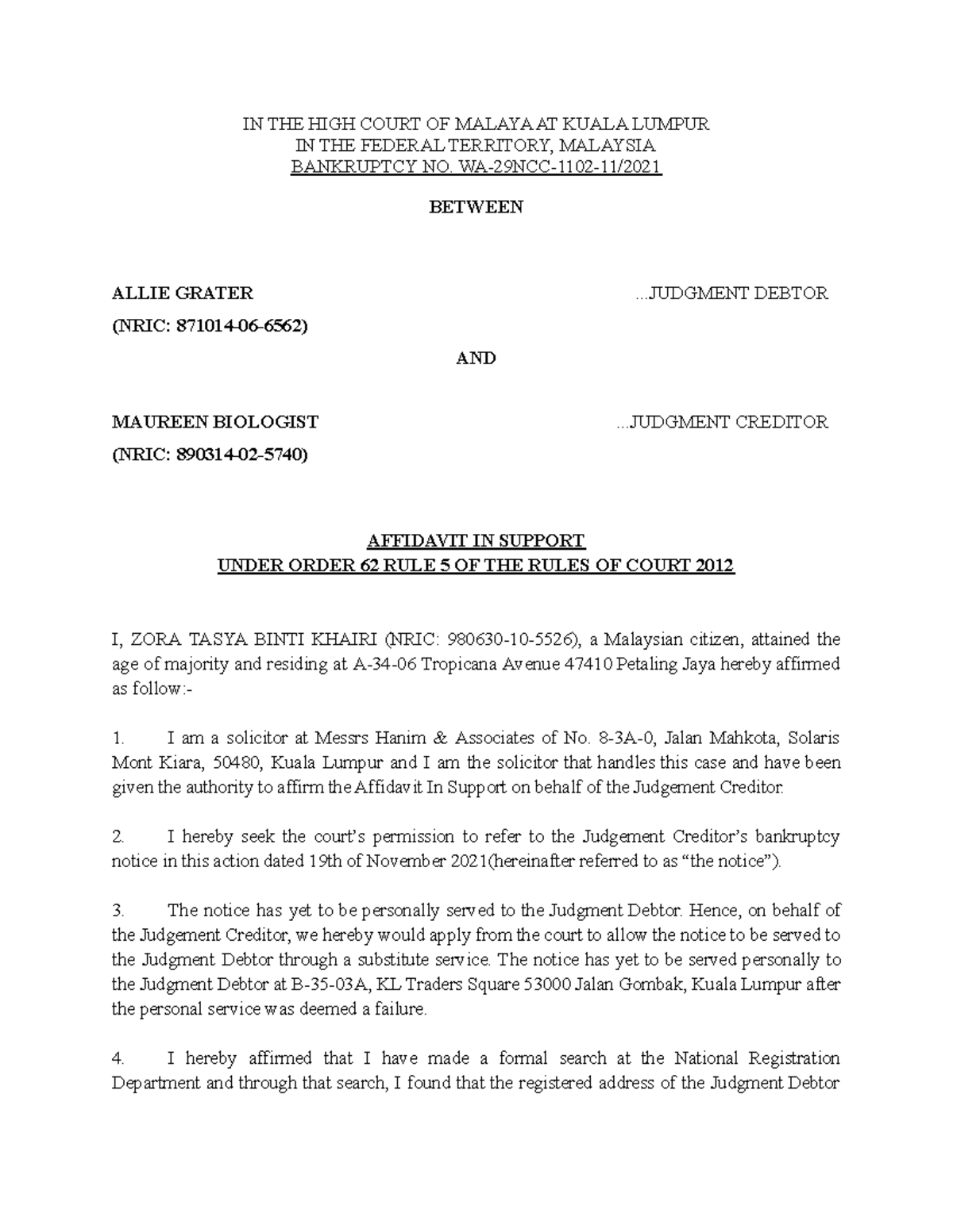 AFFIDAVIT IN SUPPORT BANKRUPTCY 2021 - IN THE HIGH COURT OF MALAYA AT ...