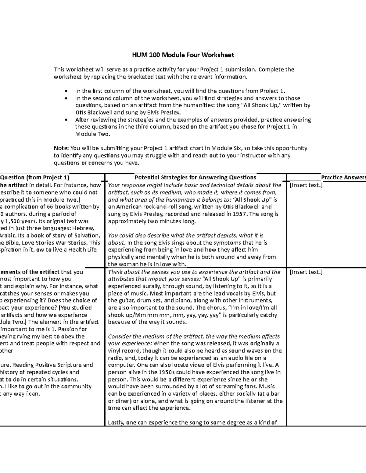HUM 100 Module Four Worksheet informative - HUM 100 Module Four ...