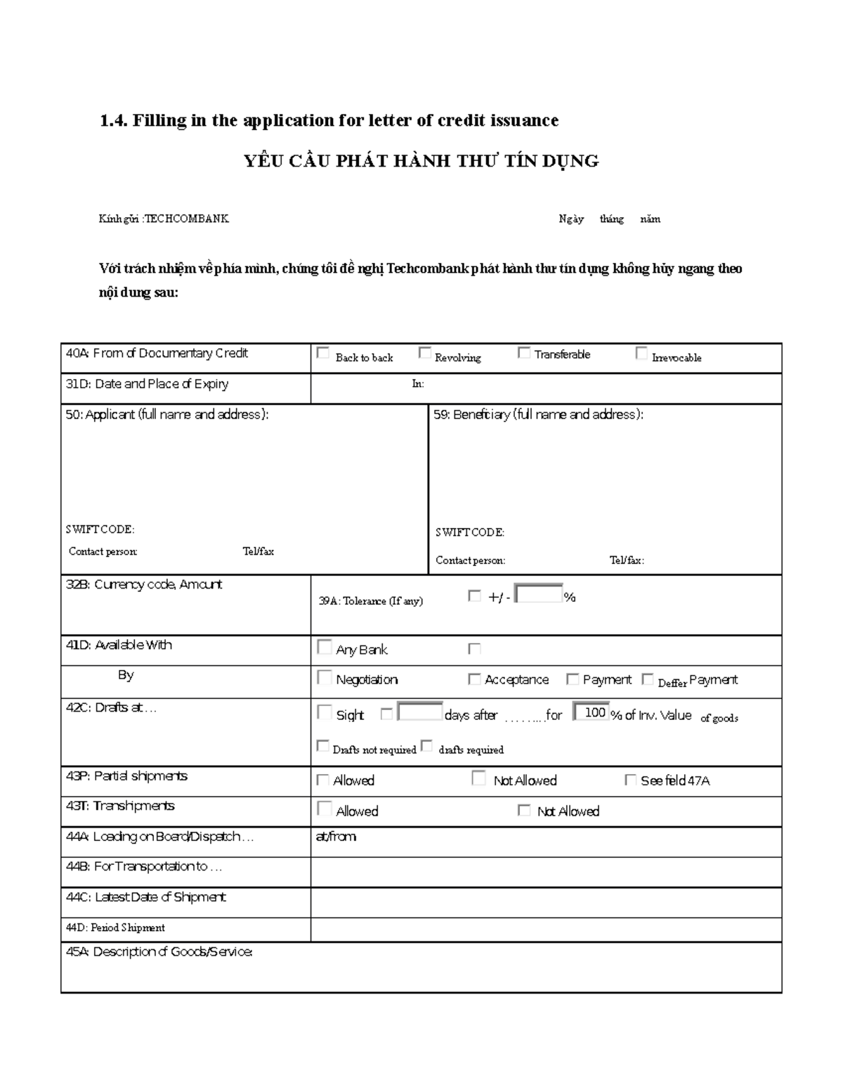 LC - lc -techcombank - 1. Filling in the application for letter of ...