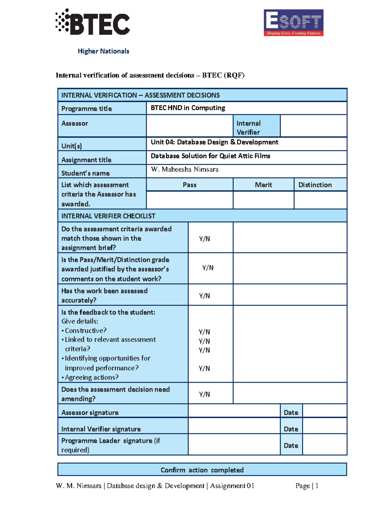 Database Assignment - Higher Nationals Internal verification of ...