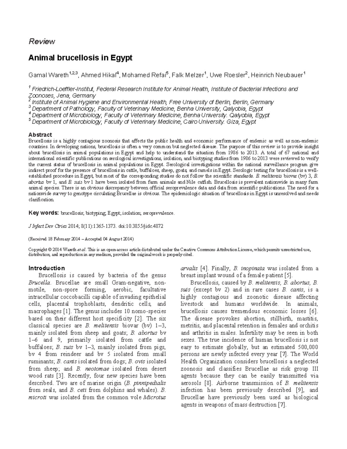 Animal brucellosis in Egypt 2014 - Review Animal brucellosis in Egypt ...
