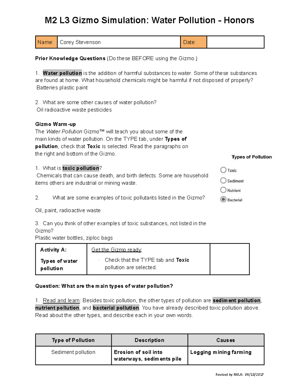 Copy of M2 L3 Gizmo Simulation Water Pollution - Honors - Name: Corey ...