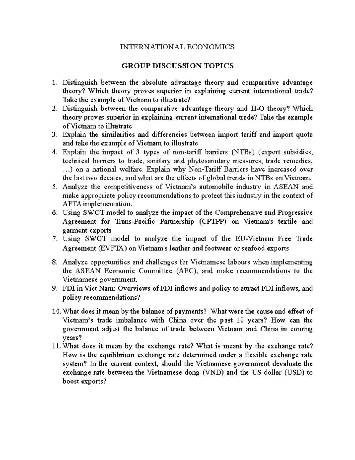 Group Discussion Topics - INTERNATIONAL ECONOMICS GROUP DISCUSSION ...