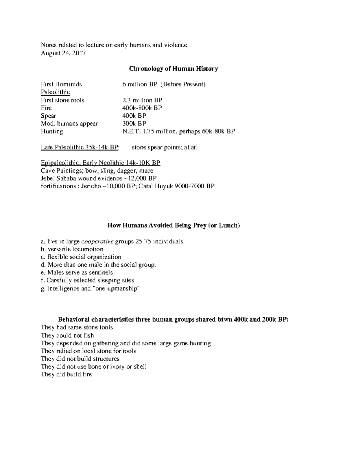 Notes related to lecture on early humans and violence (8-24-17 ...
