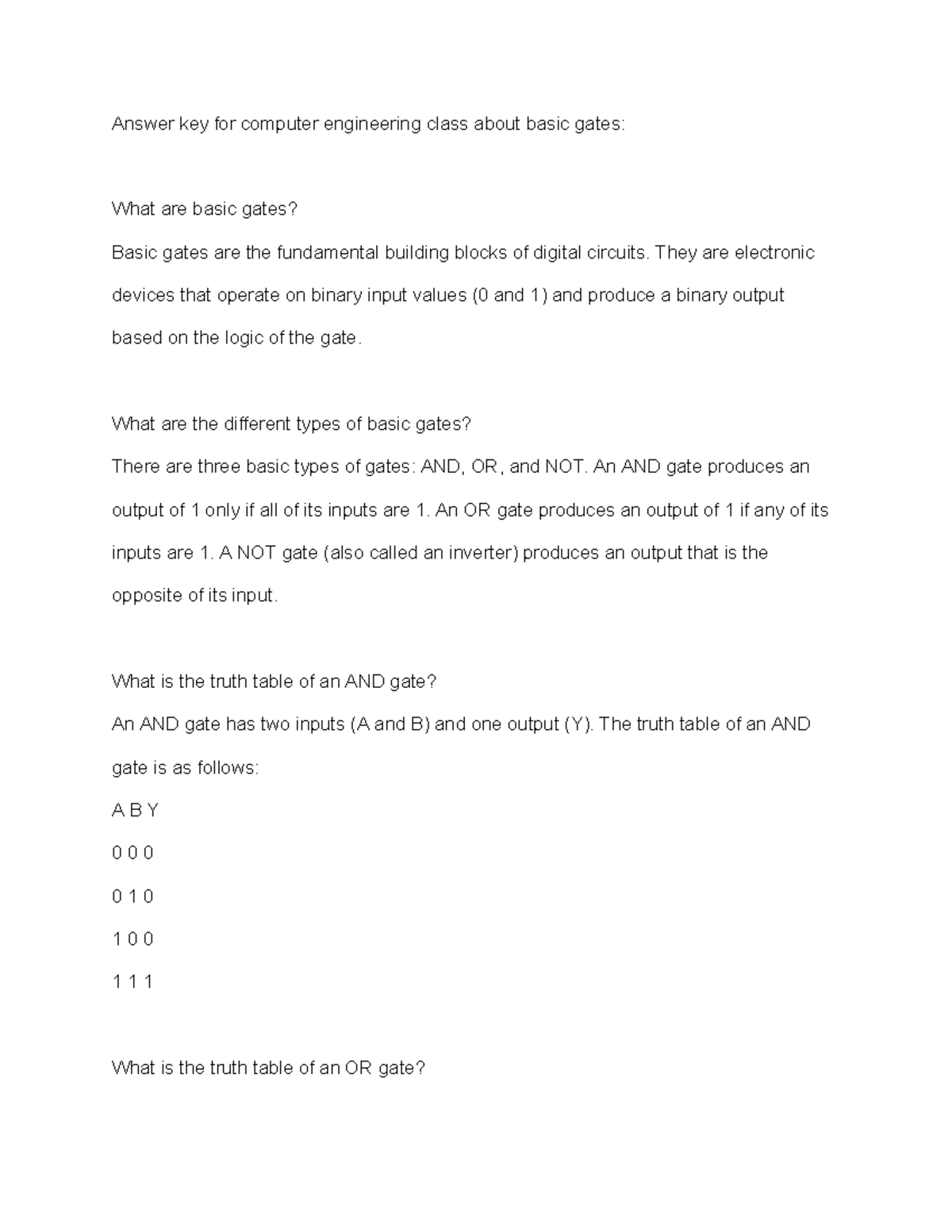 Answer key for computer engineering class about basic gates - They are ...