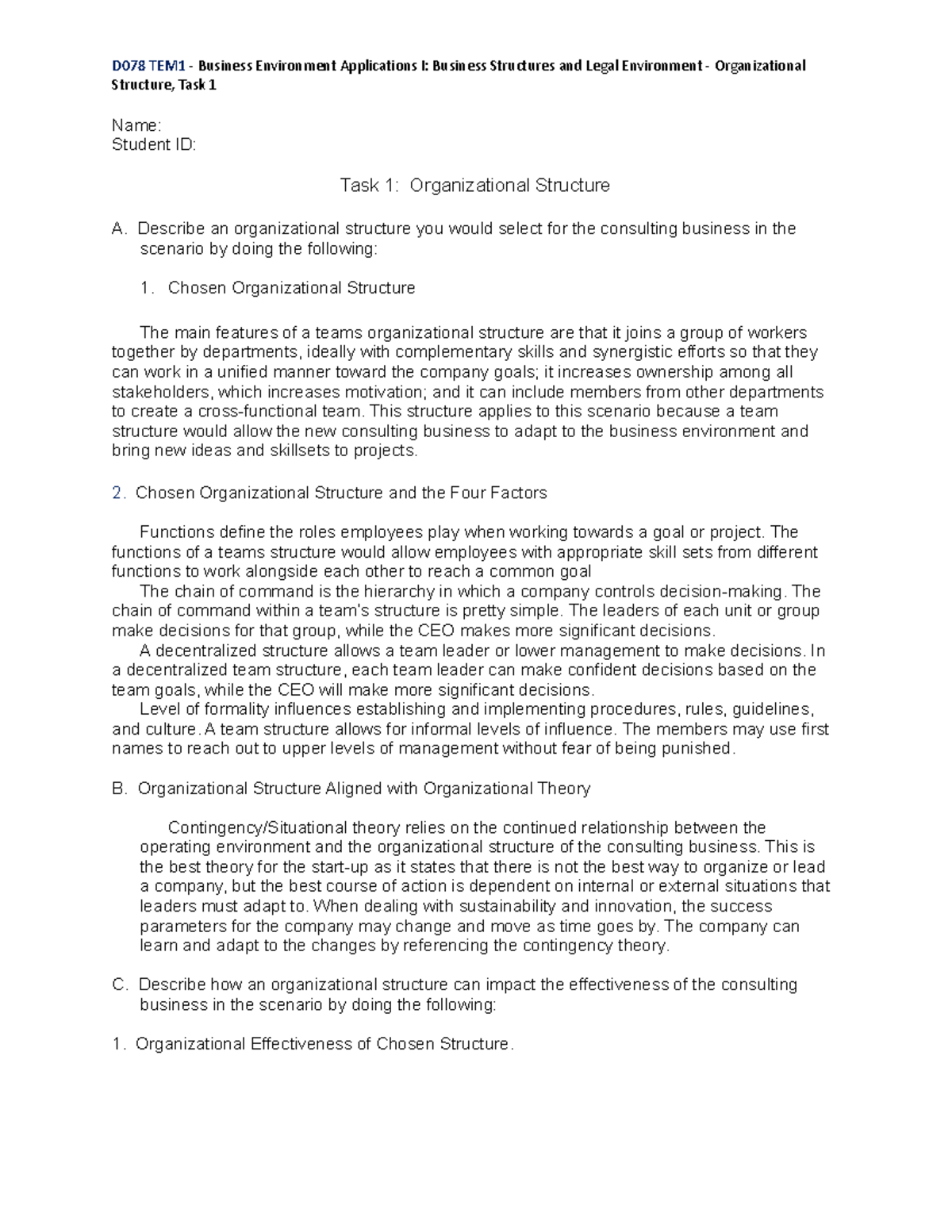 D078 Task 1 - Task 1 - D078 TEM1 - Business Environment Applications I ...