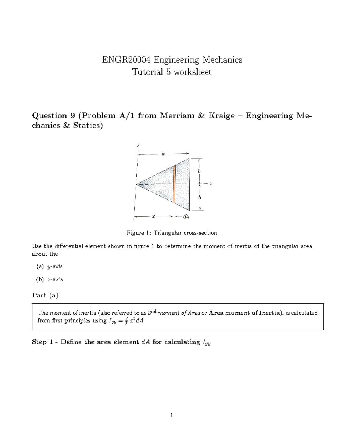Worksheet 05 - Tutorial sheet 5 - ENGR20004 Engineering Mechanics ...