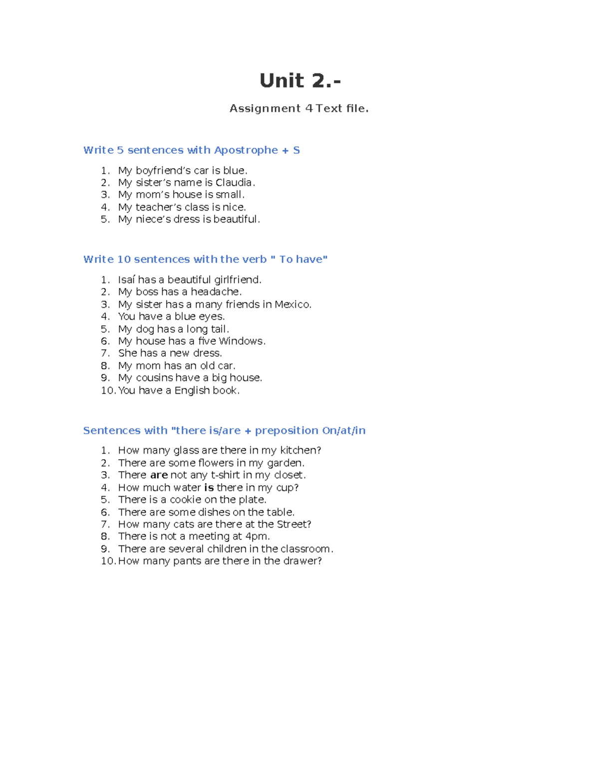 Assignment 4 Text file. - Unit 2.- Assignment 4 Text file. Write 5 sentences with Apostrophe + S ...