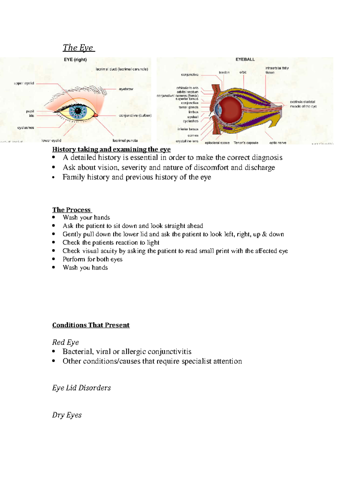 Eye & Ears Notes - Summary of Eyes and ears responding to symptoms ...