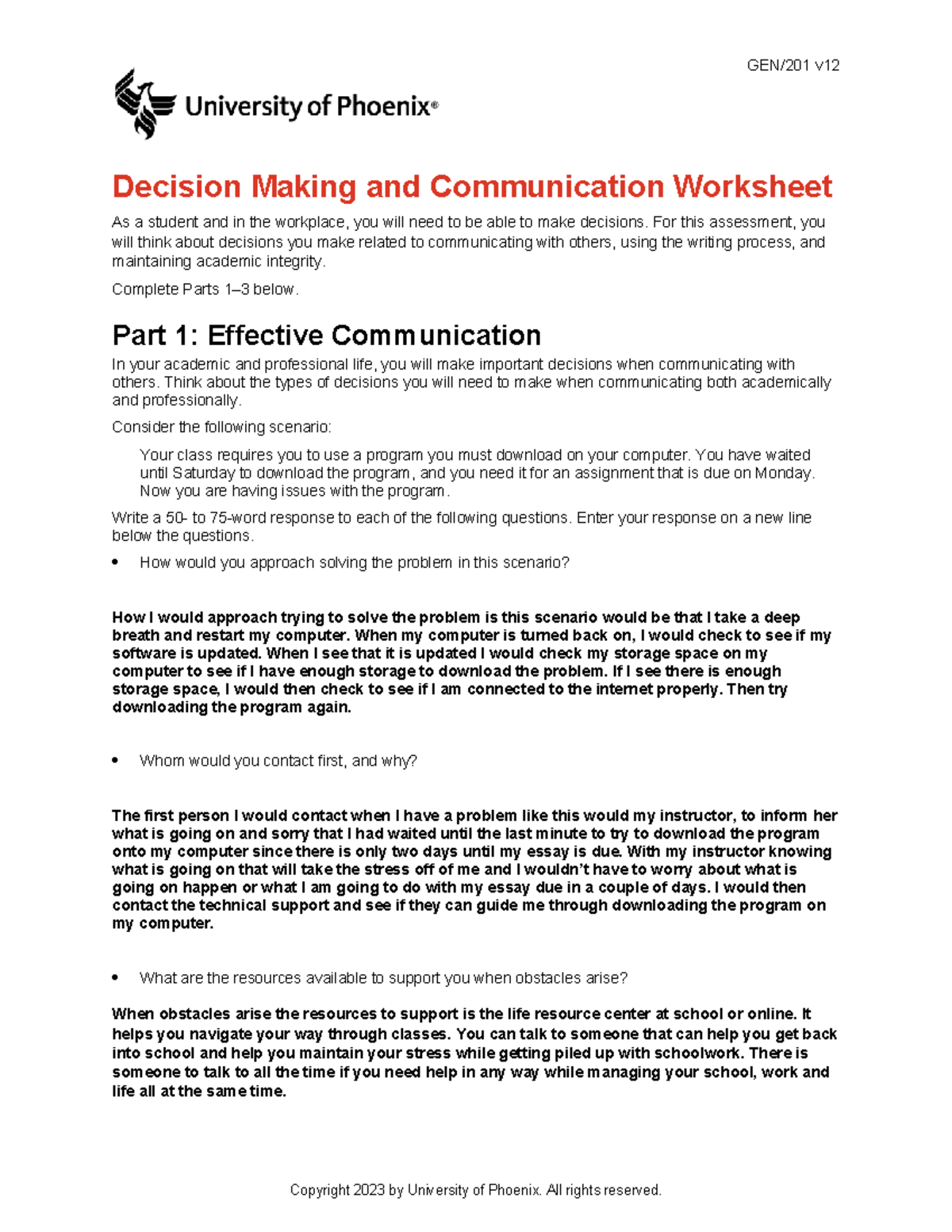 WEEK 3 Assignment - Copy - GEN/201 v Decision Making and Communication ...
