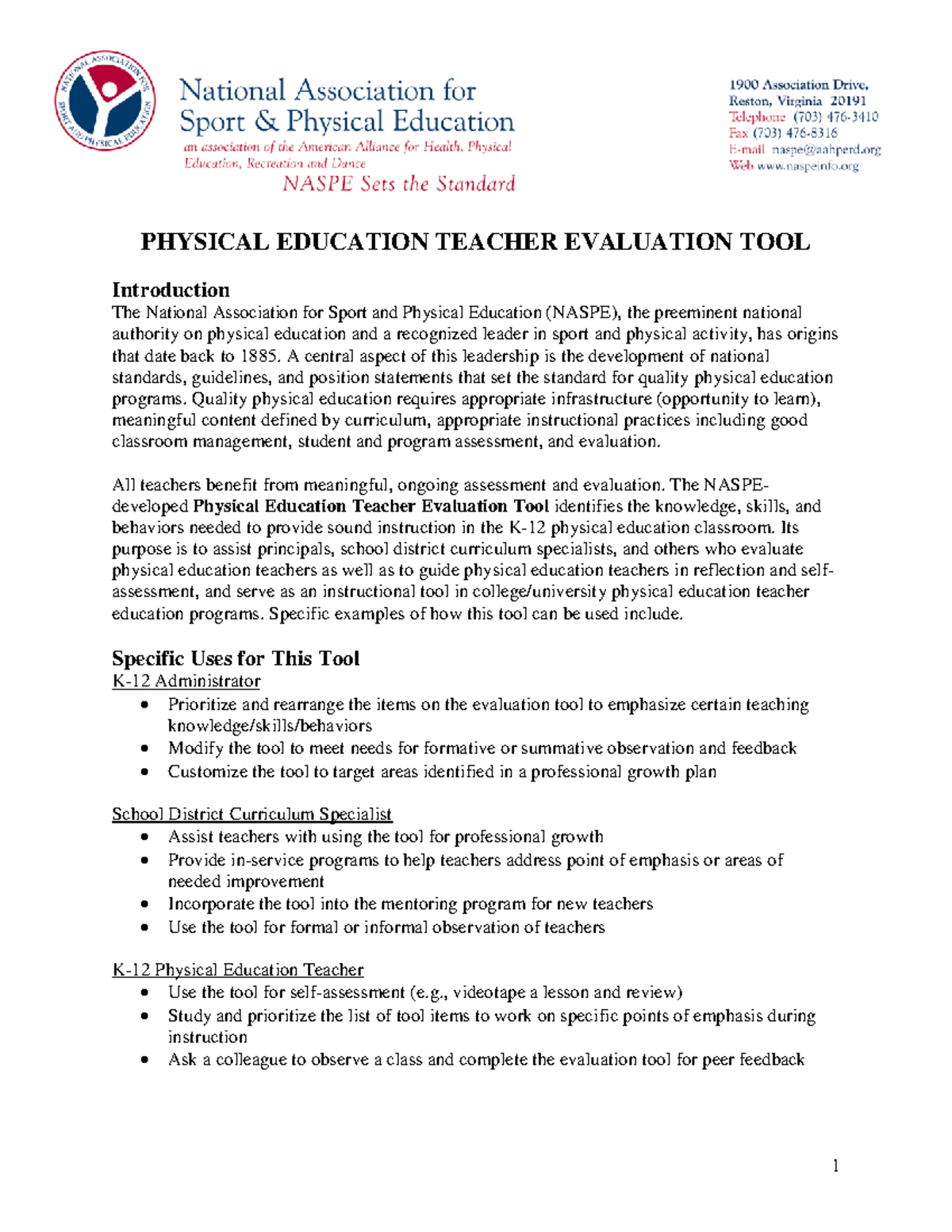 Teacher Evaluation Tool - PHYSICAL EDUCATION TEACHER EVALUATION TOOL ...