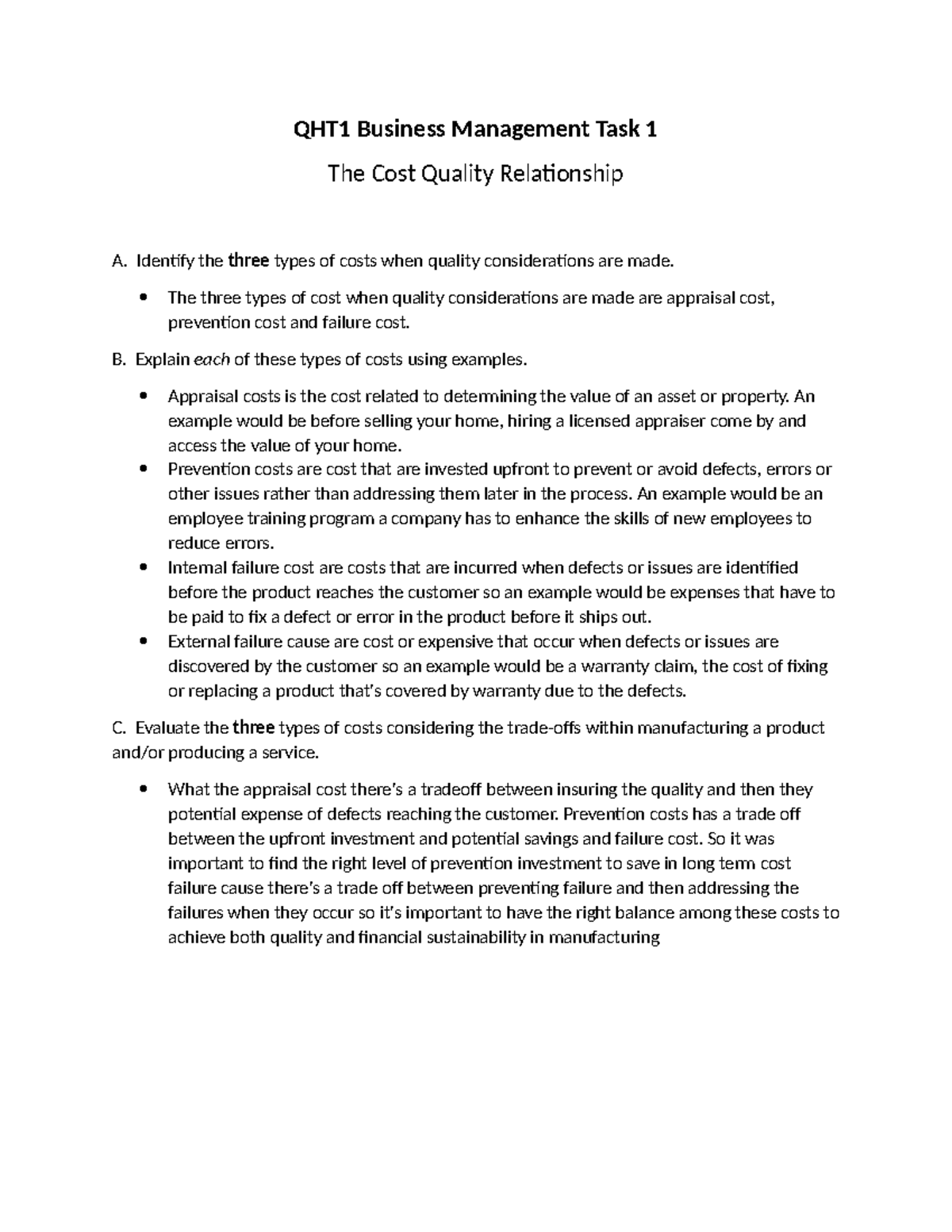 Business Management task 1 - Identify the three types of costs when ...