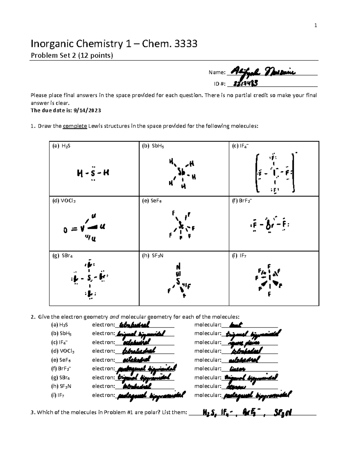 3333 Fall23 HW 2 - homework - 1 Inorganic Chemistry 1 – Chem. 3333 ...