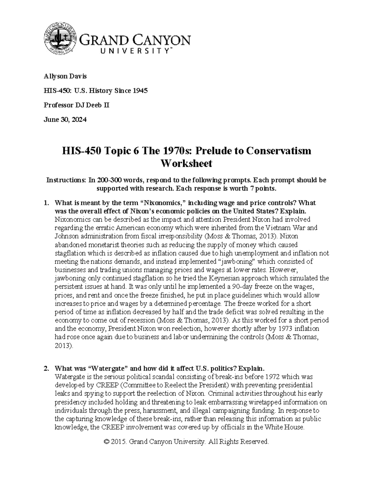 HIS 450 RS T6 The1970s Preludeto Conservatism Worksheet - Allyson Davis ...
