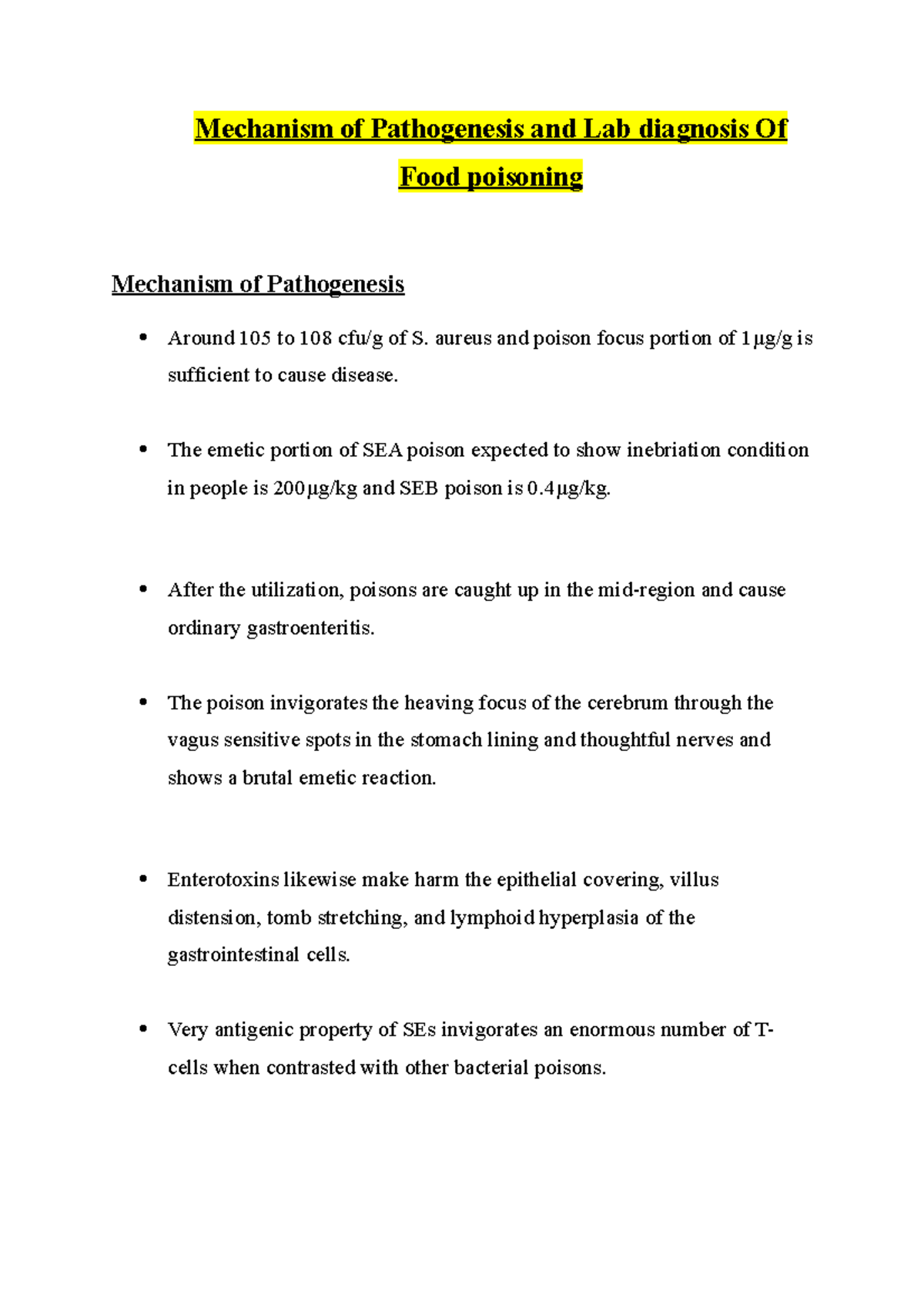 Mechanism of Pathogenesis and Lab diagnosis Of Food poisoning ...