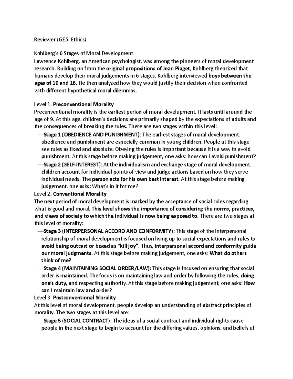 Reviewer-Ethics Midterm - Reviewer (GE5: Ethics) Kohlberg’s 6 Stages of ...