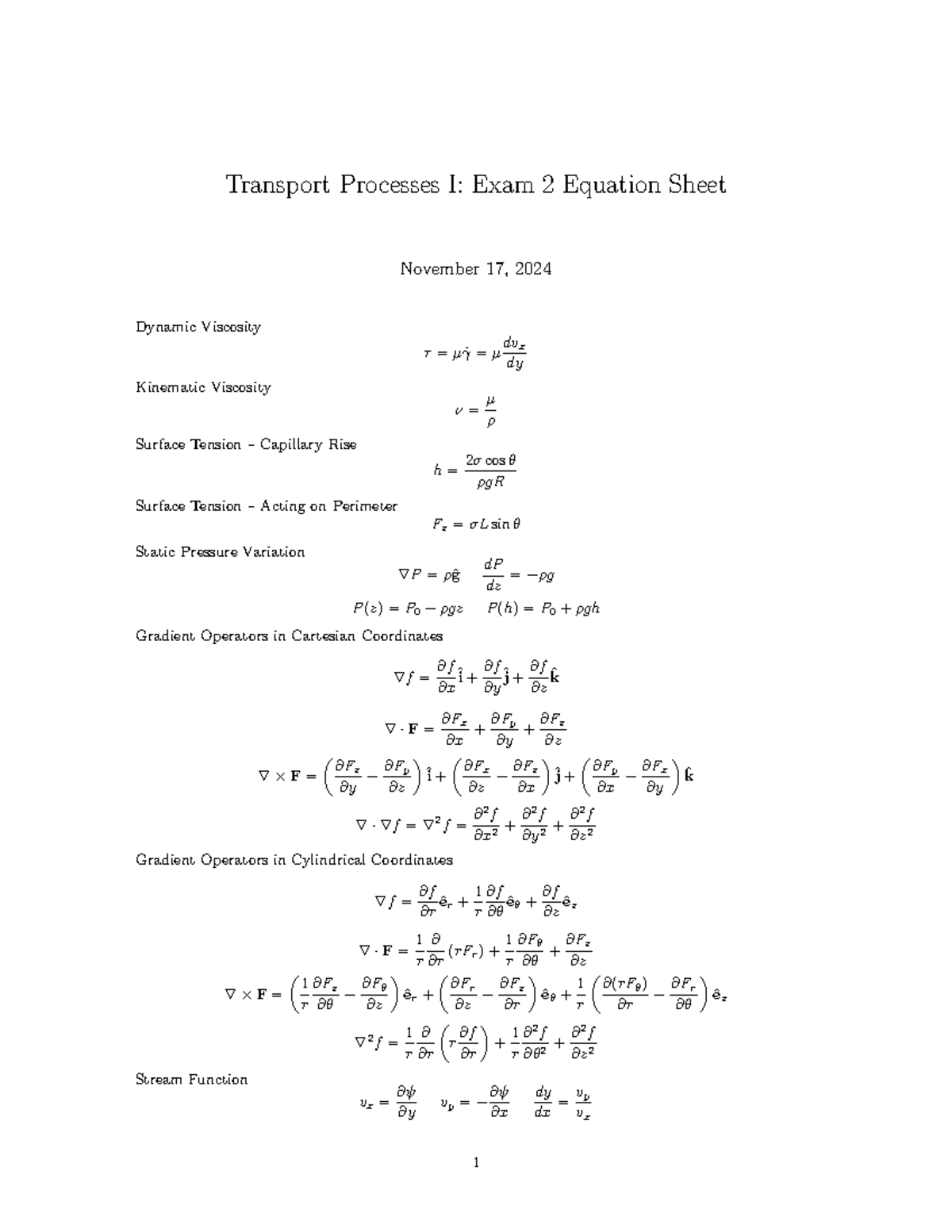 Exam 2 formula sheet - notes - Transport Processes I: Exam 2 Equation ...