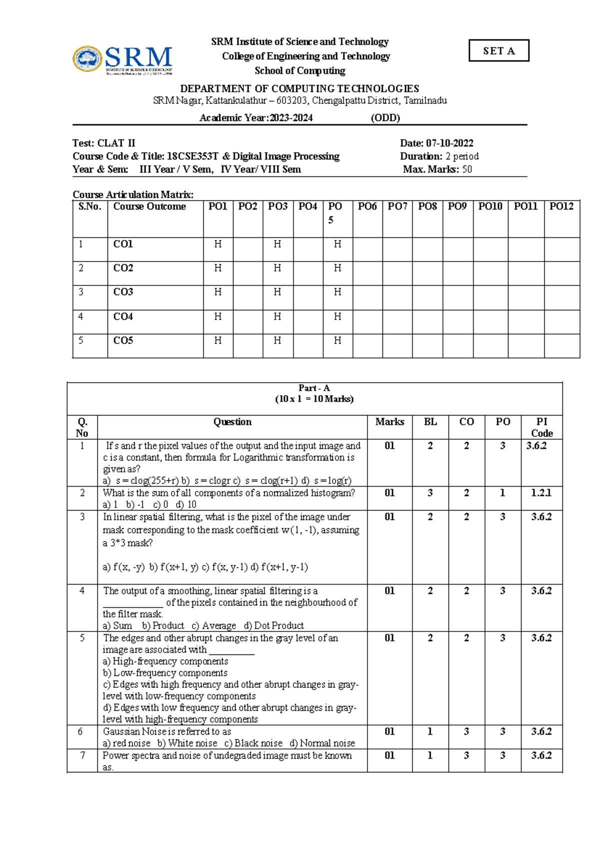 B1-FN-PART A - ct PAPER - SRM Institute of Science and Technology ...