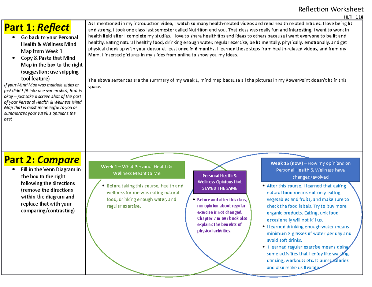 Final health reflection Worksheet - Reflection Worksheet HLTH 118 Part ...