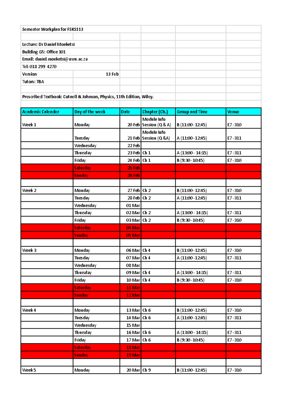 FSKS113 2023 Work Plan - plan - Semester Workplan for FSKS Lecture: Dr ...