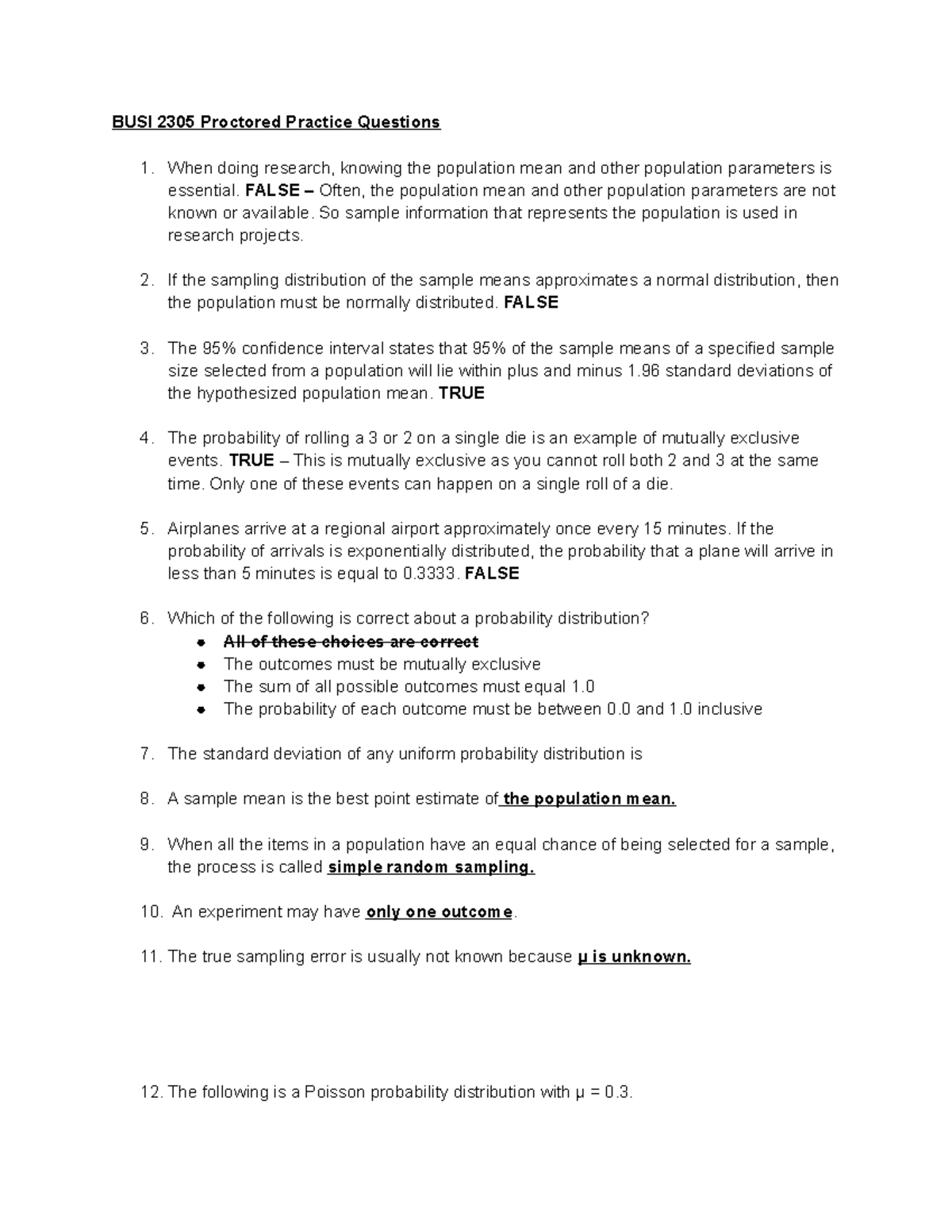 BUSI 2305 Practice - BUSI 2305 Proctored Practice Questions When doing ...