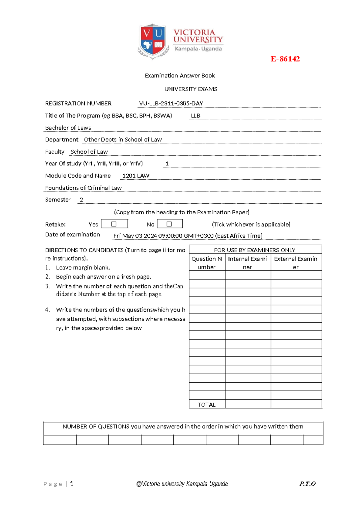 VU-LLB-2311-0385-DAY - Examination Answer Book UNIVERSITY EXAMS ...