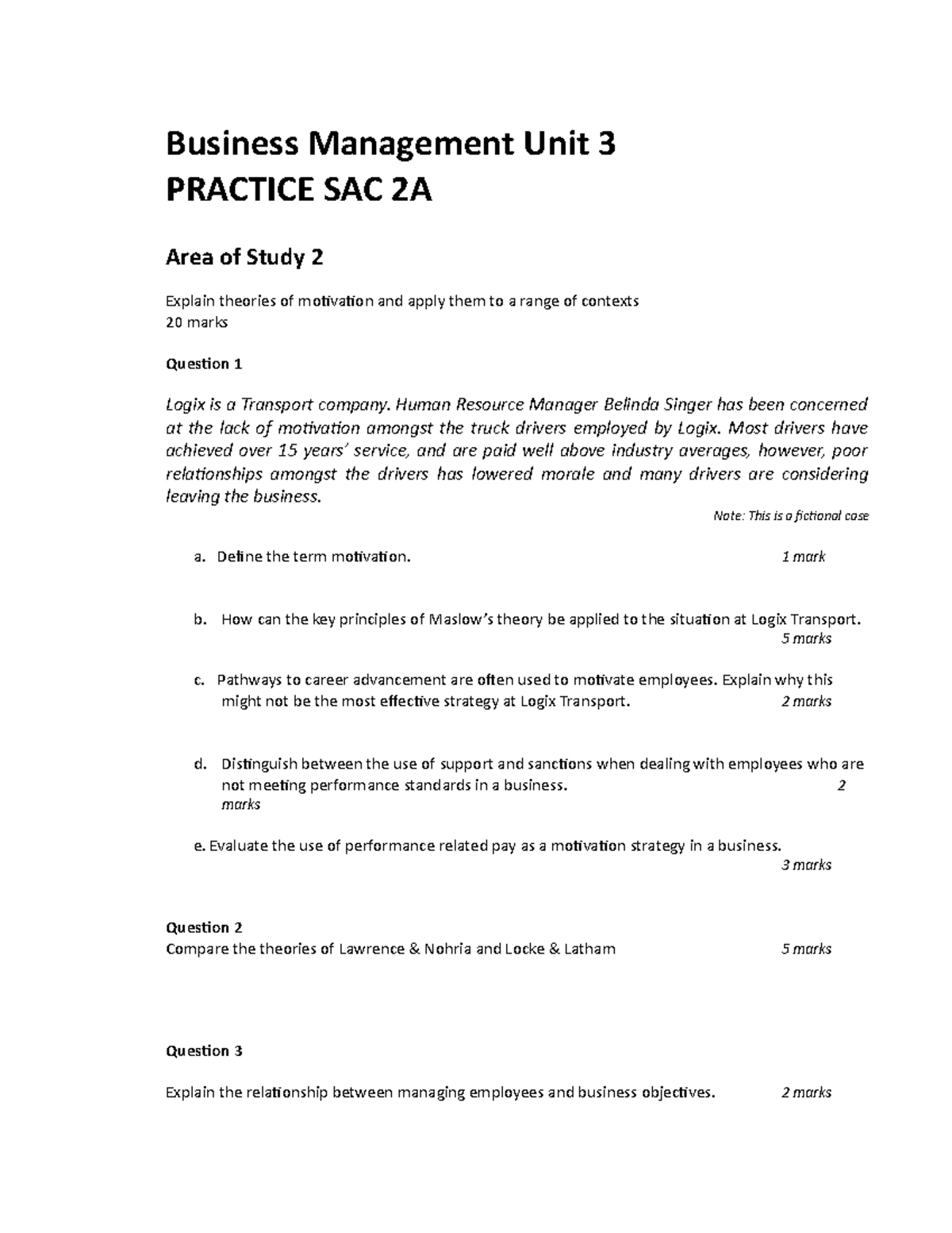 Prac sac 1 - business notes - Business Management Unit 3 PRACTICE SAC ...