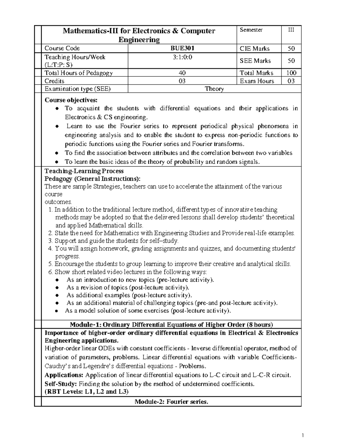 BUE301 - Syllabus - Mathematics-III for Electronics & Computer Engineering Semester III Course ...