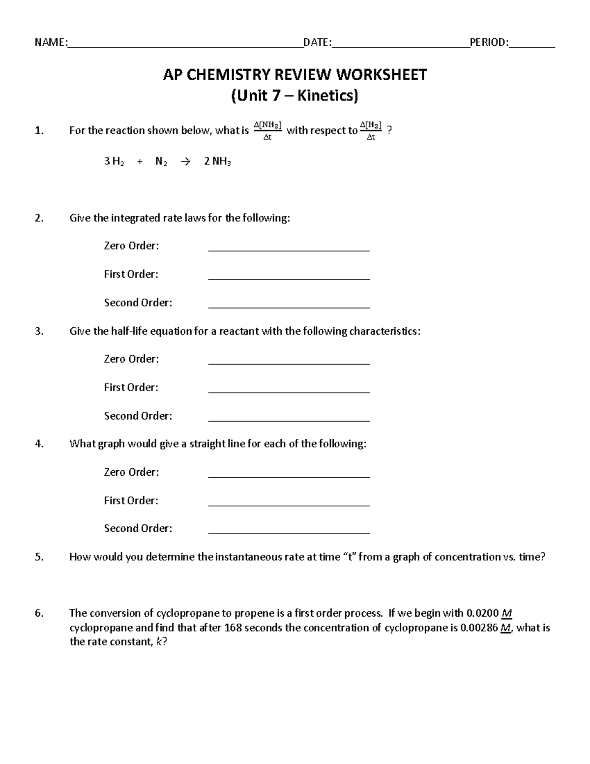 CHEM Kinetics Review - NAME ...