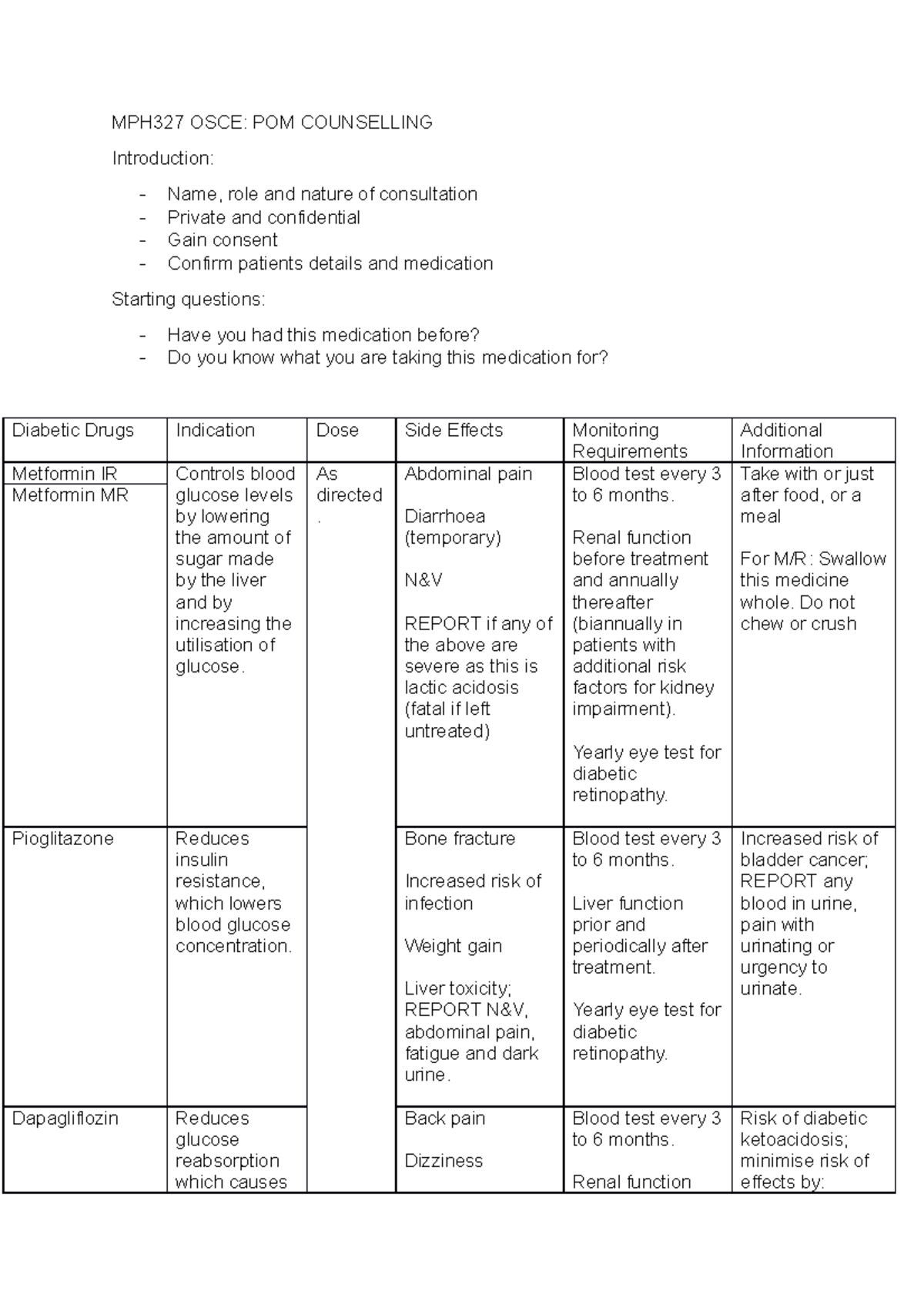 POM Counselling - Revision table for MPH327 OSCE - MPH327 OSCE: POM ...