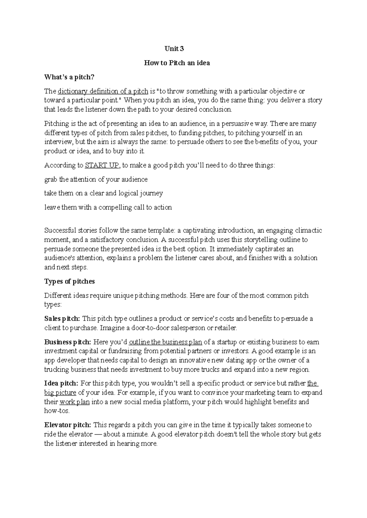 Unit 3 how to pitch an idea - Unit 3 How to Pitch an idea What’s a ...