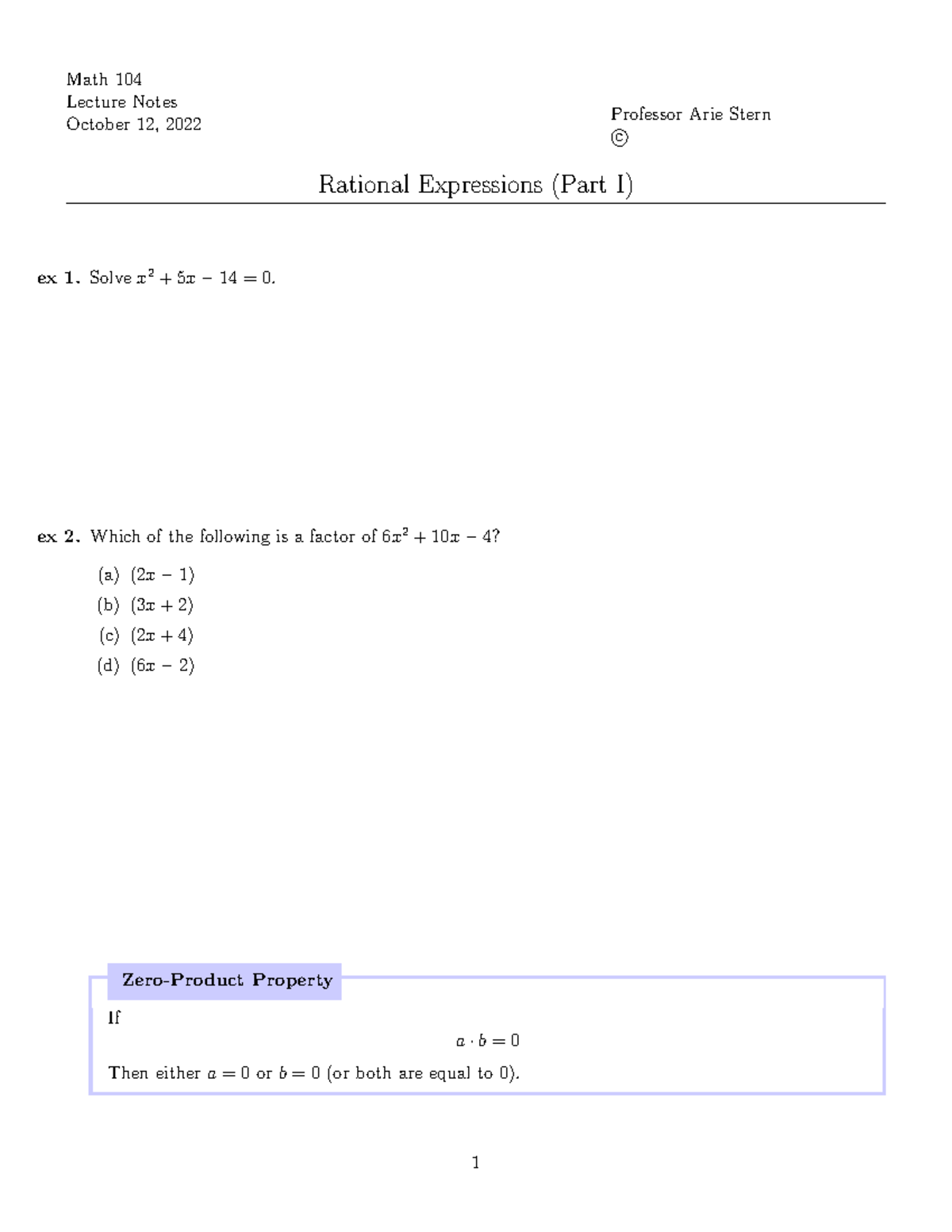 Rational Expressions Part 1-3 - Math 104 Lecture Notes October 12, 2022 ...