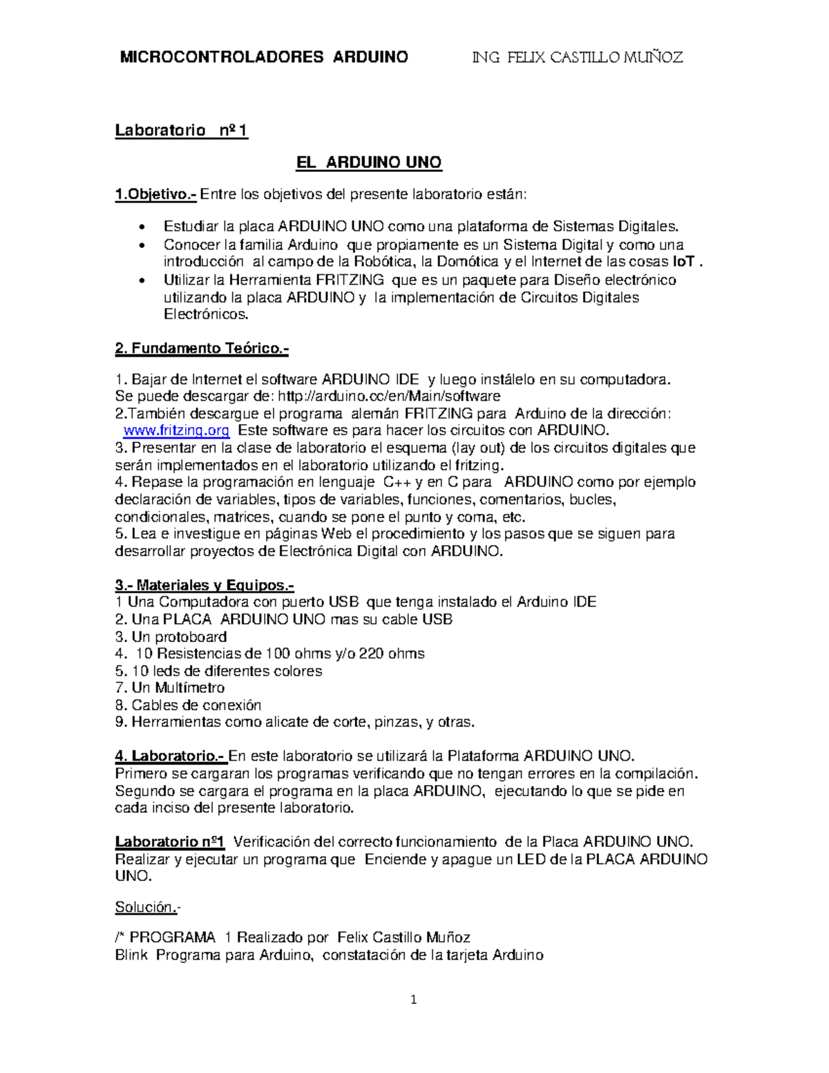 Lab 1 Arduino - MICROCONTROLADORES ARDUINO Ing felix castillo muñoz 1 Laboratorio nº 1 EL ...