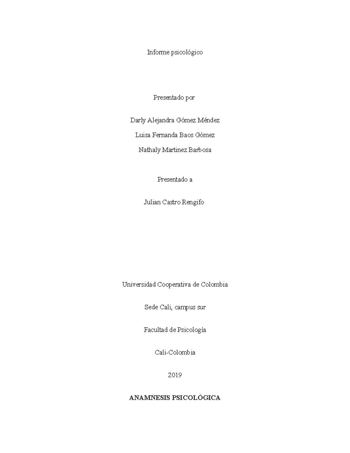Informe psicologico semiologia - Informe psicológico Presentado por ...