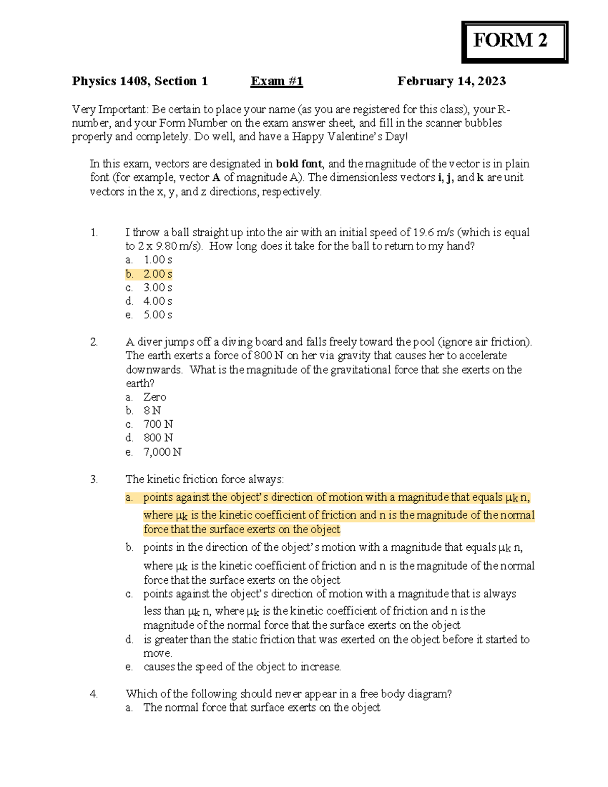 Physics 1408 EXAM 1 Form 2 partially answered - Form 1: Page 1 Physics ...