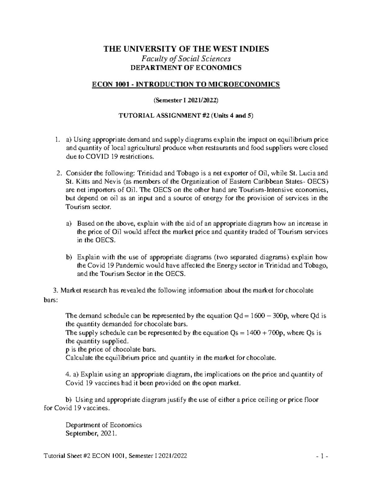 ECON 1001 Tutorial Sheet 2 Semester I 2021-2022 - Tutorial Sheet #2 ECON 1001, Semester I 2021/ ...