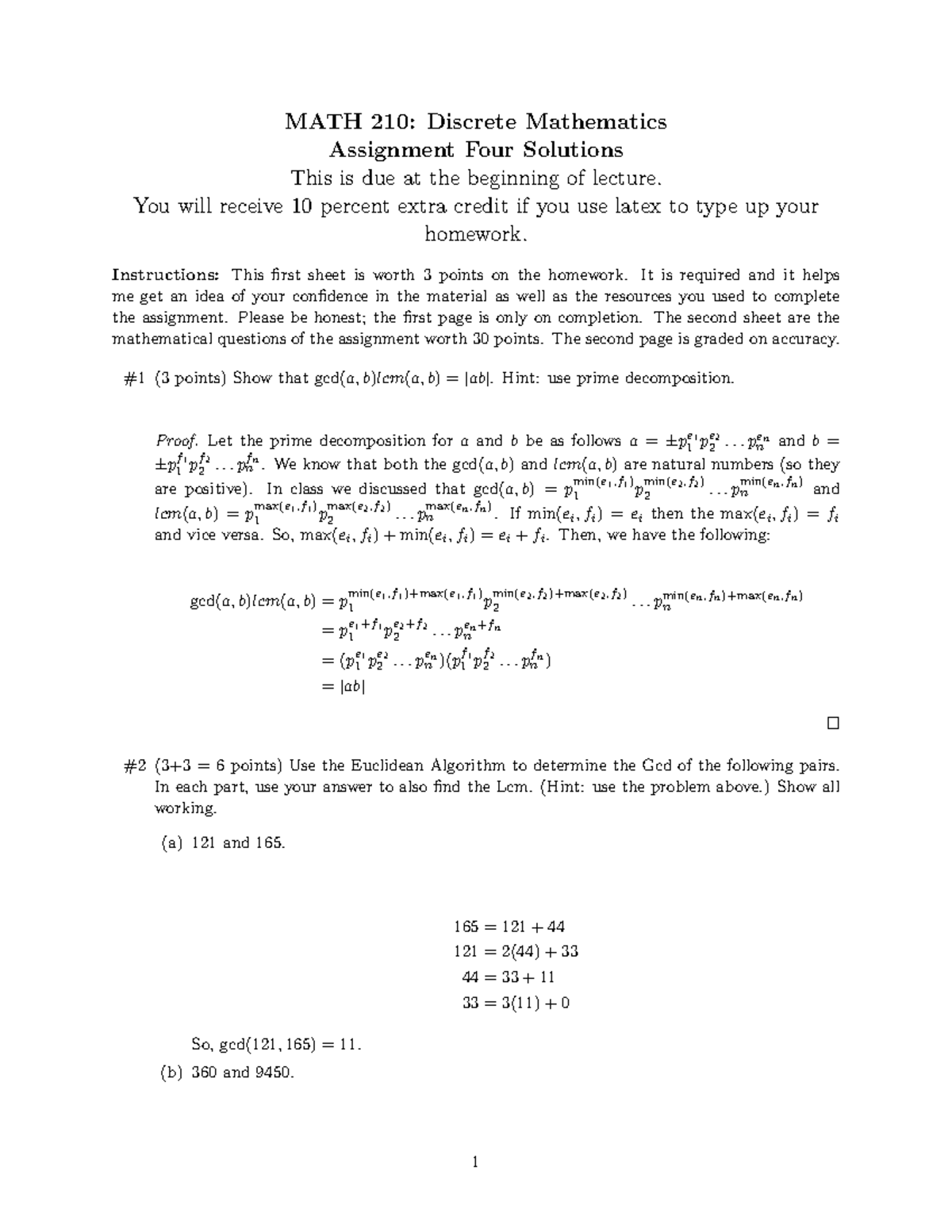 Homework Four Solutions - MATH 210: Discrete Mathematics Assignment Four Solutions This is due ...