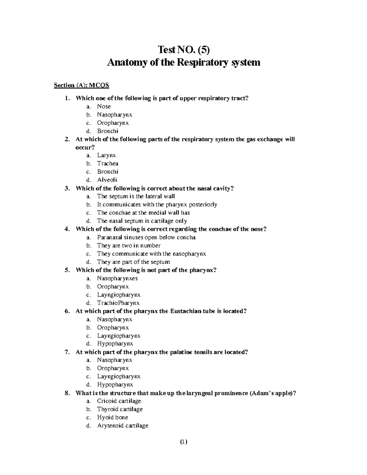 Respiratory system test - (1) Test NO. (5) Anatomy of the Respiratory ...