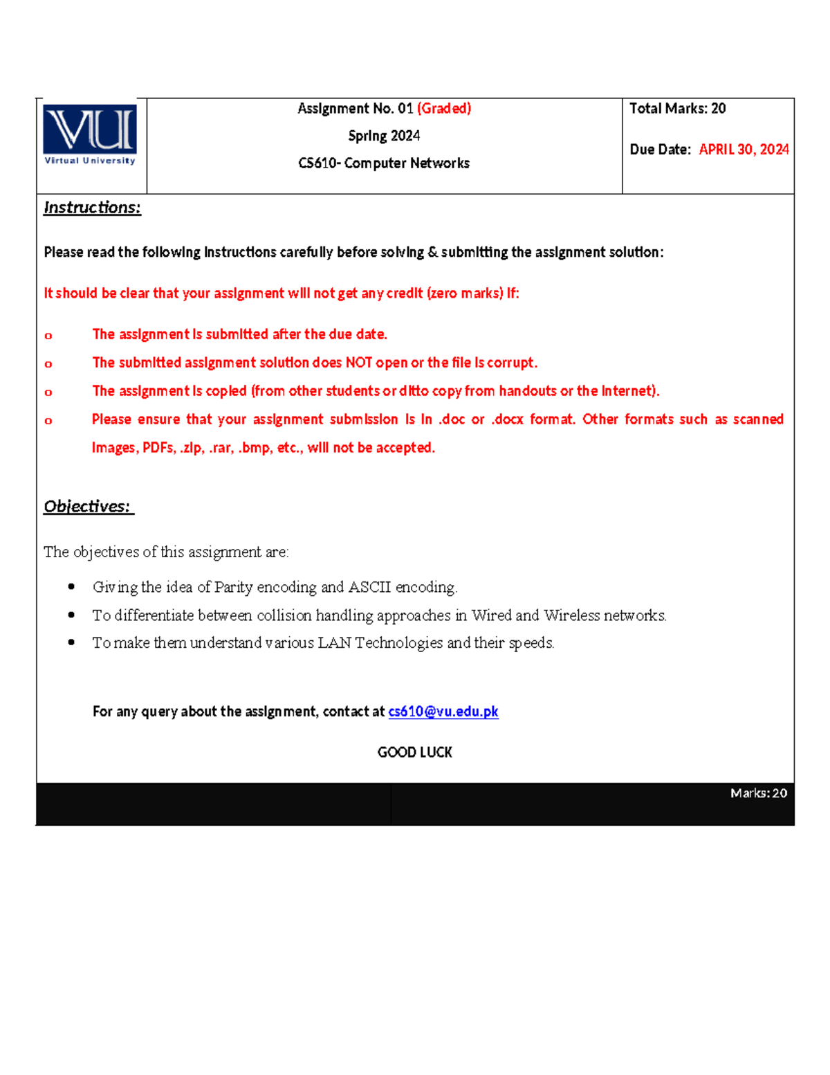Spring 2024 Cs610 1 Assignment No 01 Graded Spring 2024 Cs610 Computer Networks Total
