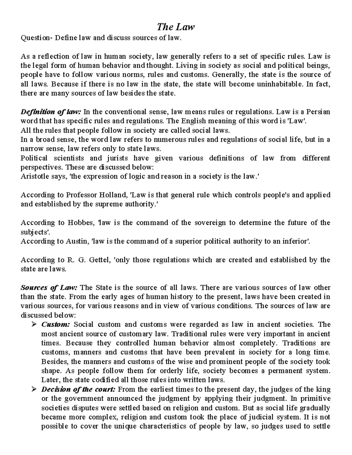 The Law - Define the Law and discuss the sources of Law. - The Law ...