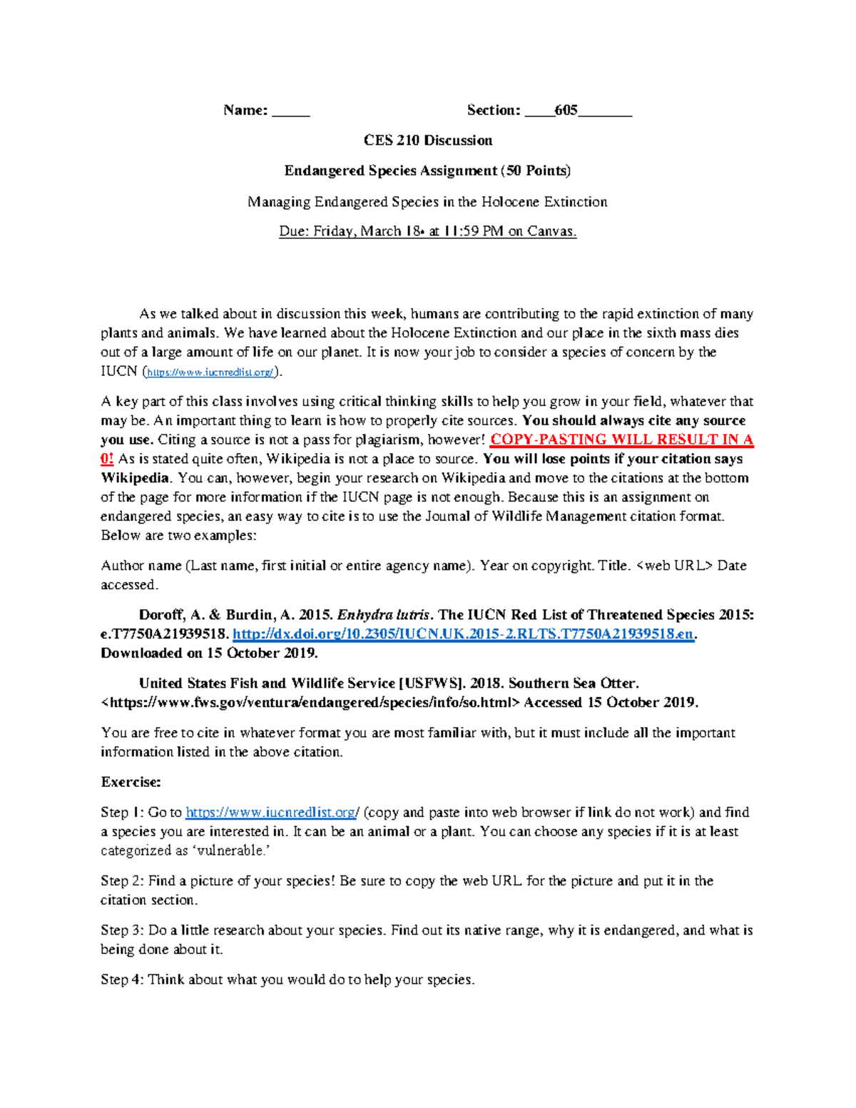 Endangered Species Assignment - Name: _____ Section: 605___ CES 210 ...