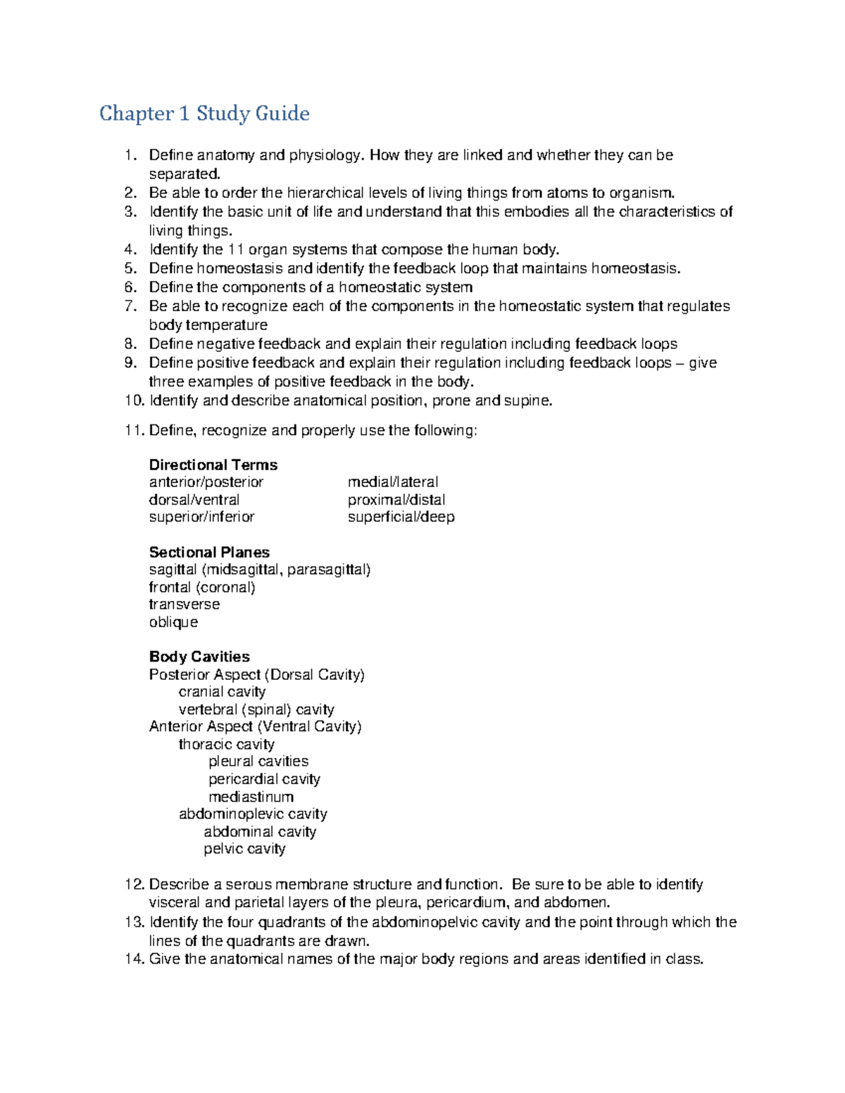 Chapter 01.Study Guide - Chapter 1 Study Guide Define anatomy and ...