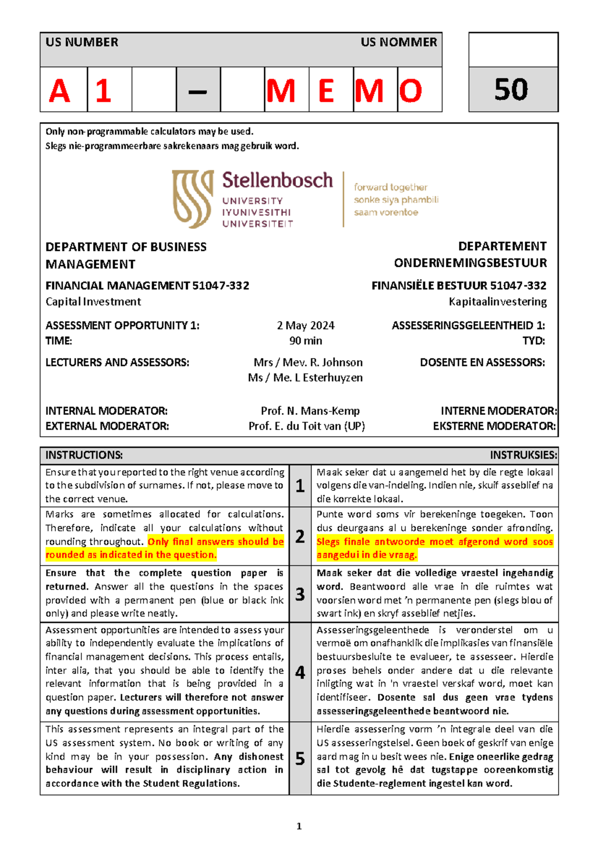 2024 FM332 A1 MEMO - past paper memo - US NUMBER US NOMMER A 1 – M E M ...