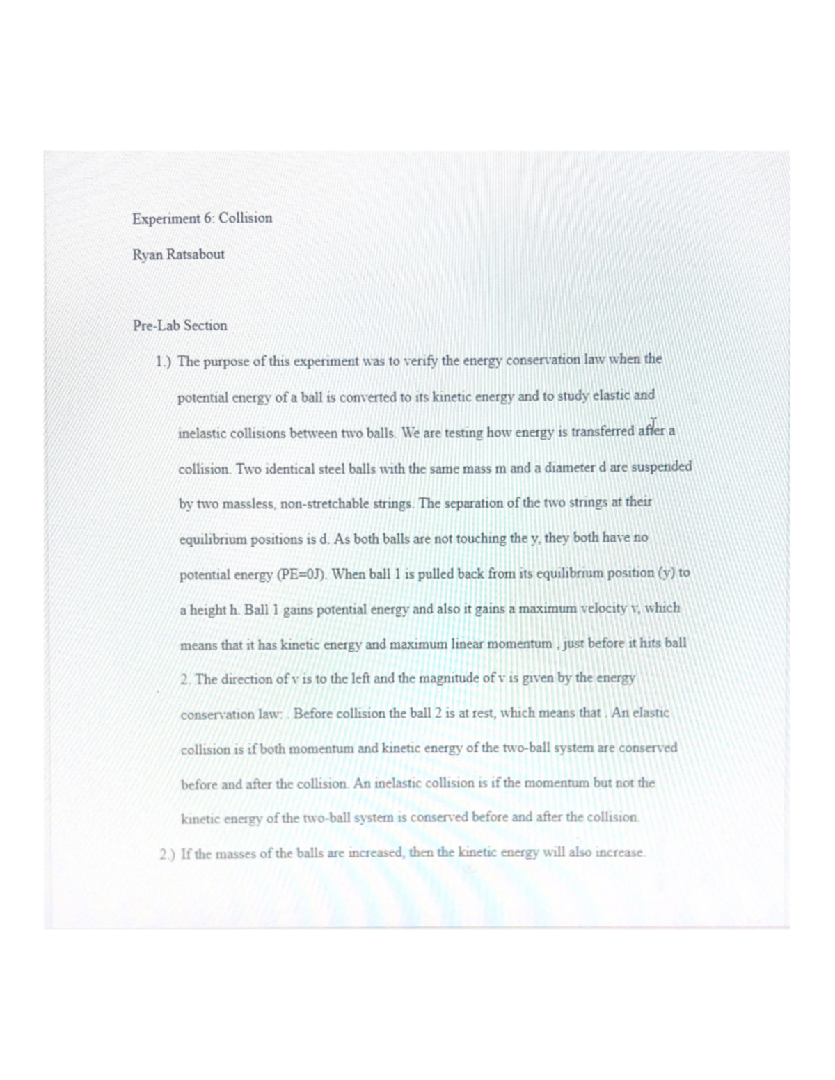 Experiment 6 Collision - Experiment 6: Collision Ryan Ratsabout Section ...