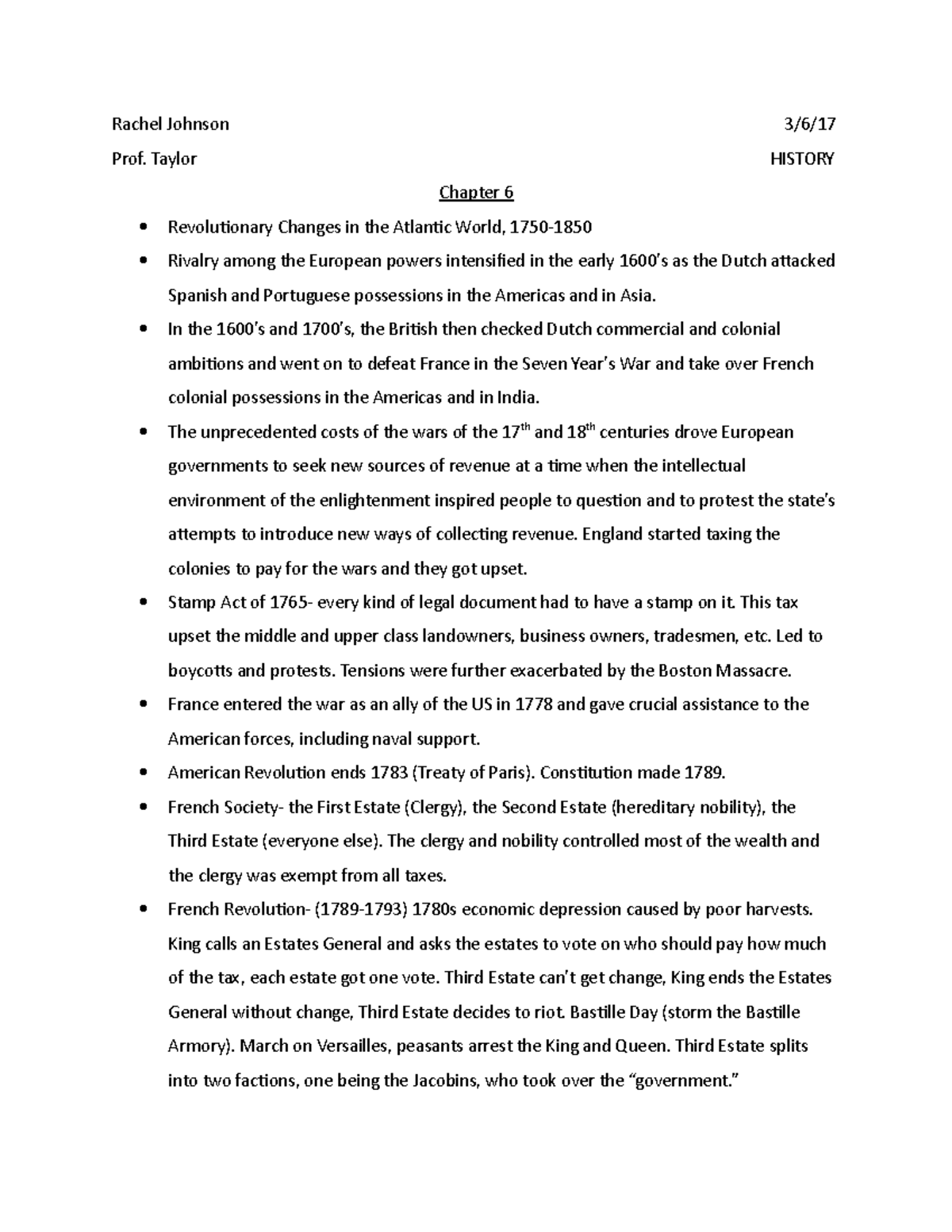 History Core - Chapter 6 notes - Rachel Johnson 3/6/ Prof. Taylor ...