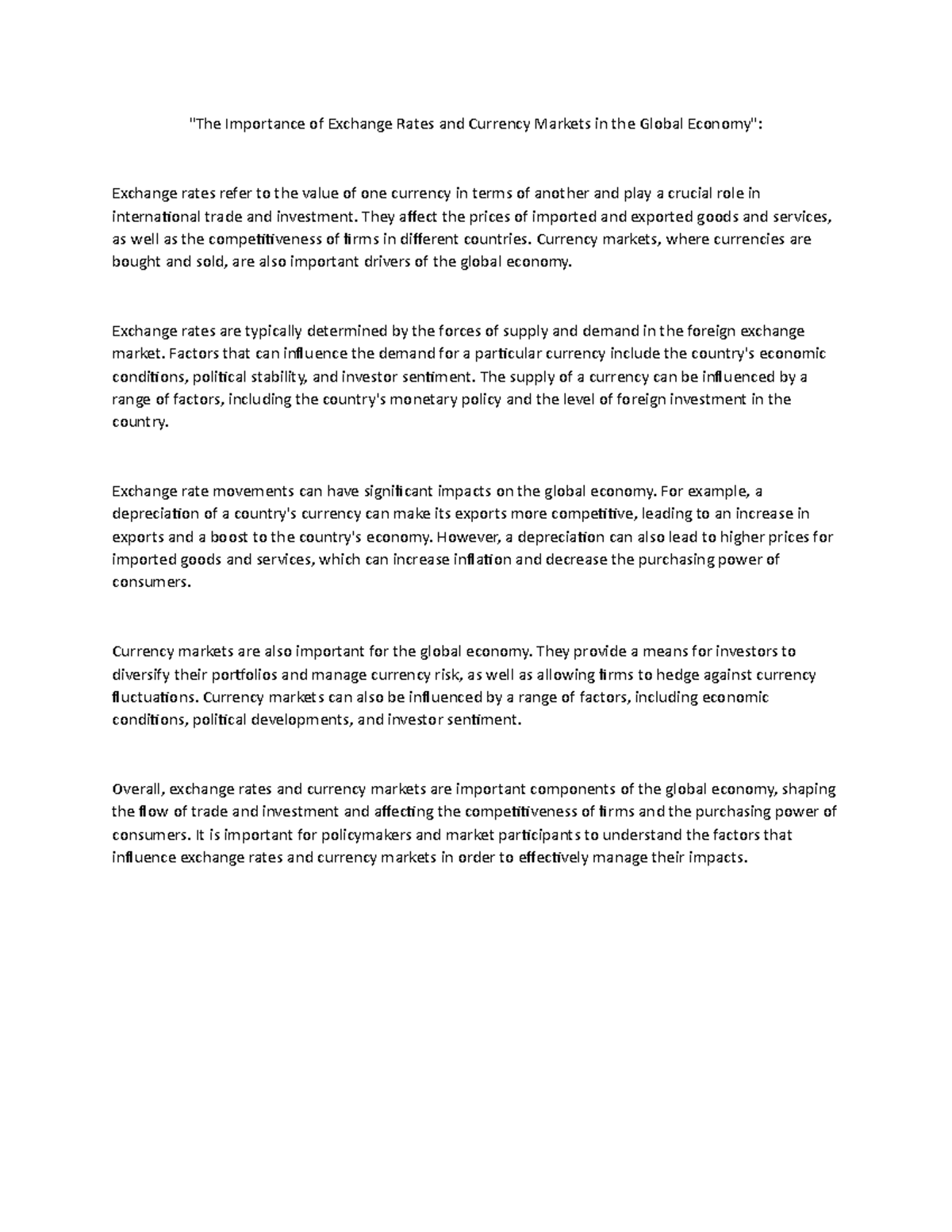 The Importance of Exchange Rates and Currency Markets in the Global ...
